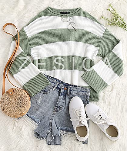 ZESICA Women's 2023 Fall Long Sleeve Crew Neck Striped Color Block Comfy Loose Oversized Knitted Pullover Sweater,Green,Small