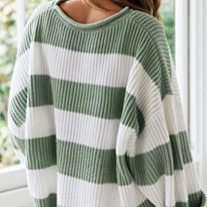 ZESICA Women's 2023 Fall Long Sleeve Crew Neck Striped Color Block Comfy Loose Oversized Knitted Pullover Sweater,Green,Small