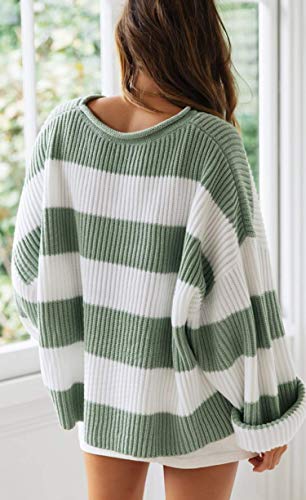 ZESICA Women's 2023 Fall Long Sleeve Crew Neck Striped Color Block Comfy Loose Oversized Knitted Pullover Sweater,Green,Small