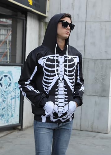 uideazone Halloween Hoodies for Men Women 3D Skeleton Bone Printed Hooded Sweatshirt with Pockets