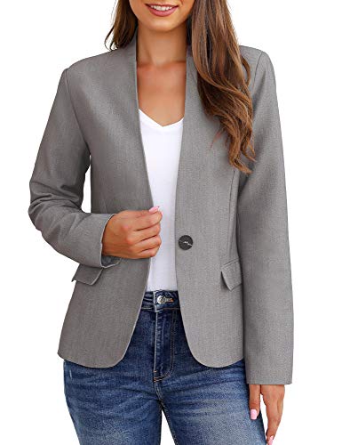 GRAPENT Women's Grey Business Casual Pockets Work Office Button Back Slit Long Sleeves Blazer Lightweight Jacket Suit Size Small US 4-6