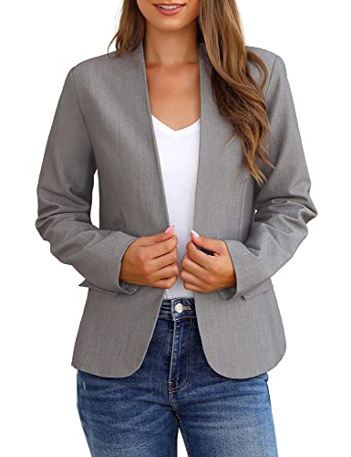 GRAPENT Women's Grey Business Casual Pockets Work Office Button Back Slit Long Sleeves Blazer Lightweight Jacket Suit Size Small US 4-6