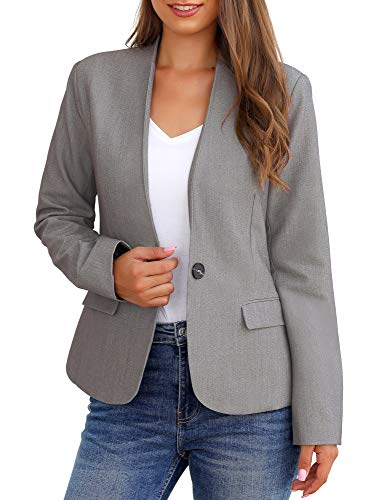 GRAPENT Women's Grey Business Casual Pockets Work Office Button Back Slit Long Sleeves Blazer Lightweight Jacket Suit Size Small US 4-6