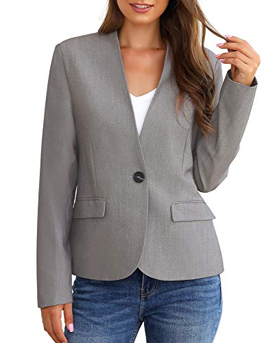 GRAPENT Women's Grey Business Casual Pockets Work Office Button Back Slit Long Sleeves Blazer Lightweight Jacket Suit Size Small US 4-6