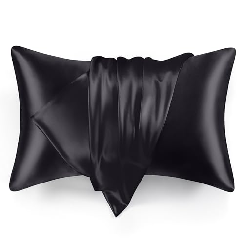 Love's cabin Silk Satin Pillowcase for Hair and Skin (Black, 20x26 inches) Slip Pillow Cases Standard Size Set of 2 - Satin Cooling Pillow Covers with Envelope Closure