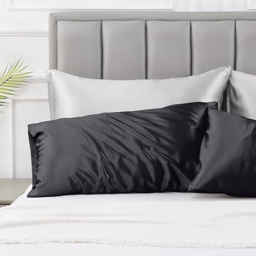 Love's cabin Silk Satin Pillowcase for Hair and Skin (Black, 20x26 inches) Slip Pillow Cases Standard Size Set of 2 - Satin Cooling Pillow Covers with Envelope Closure