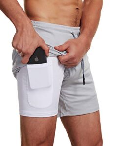 flyfirefly men's 2-in-1 workout running shorts 7" lightweight gym yoga training sport short pants grey