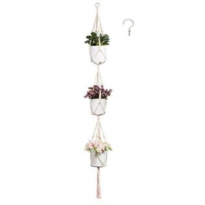 enuosuma 3 tier macrame plant hanger indoor with 1 hook, handmade hanging planter hanging flowers pot with tassels, hanging plant holder for home decor - cotton rope, 4 legs, 71 inch