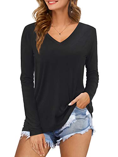 Amoretu Womens Long Sleeve Tops Casual Plain V Neck Tshirts Loose Fit Black L