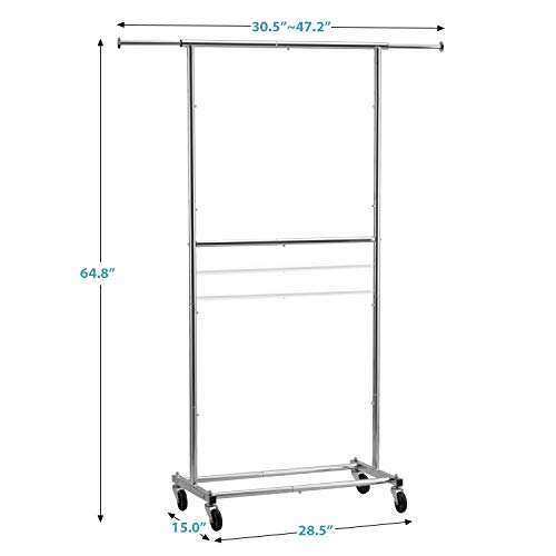 Auledio Expandable Double Rod Clothing Garment Racks On Wheels, Heavy Duty Hanging Clothes Organizer Stand Adjustable Rolling Rack, Chrome