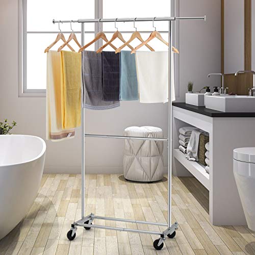 Auledio Expandable Double Rod Clothing Garment Racks On Wheels, Heavy Duty Hanging Clothes Organizer Stand Adjustable Rolling Rack, Chrome