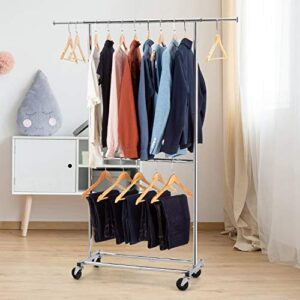 Auledio Expandable Double Rod Clothing Garment Racks On Wheels, Heavy Duty Hanging Clothes Organizer Stand Adjustable Rolling Rack, Chrome