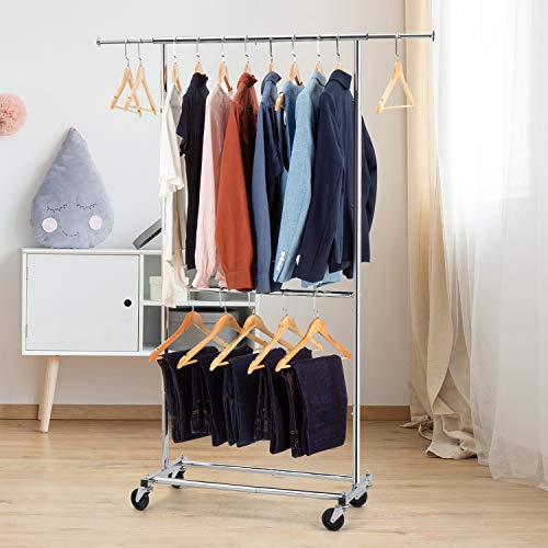 Auledio Expandable Double Rod Clothing Garment Racks On Wheels, Heavy Duty Hanging Clothes Organizer Stand Adjustable Rolling Rack, Chrome