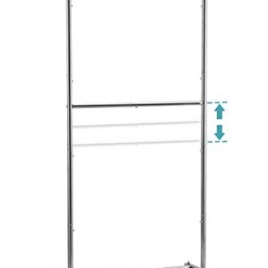 Auledio Expandable Double Rod Clothing Garment Racks On Wheels, Heavy Duty Hanging Clothes Organizer Stand Adjustable Rolling Rack, Chrome