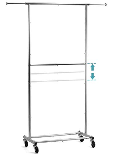 Auledio Expandable Double Rod Clothing Garment Racks On Wheels, Heavy Duty Hanging Clothes Organizer Stand Adjustable Rolling Rack, Chrome