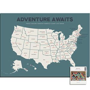 Epic Adventure Maps The United States Push Pin Map 24" x 17" - Unframed Travel Map to Mark Your Travels Around The USA - Multicolored Pushpins Included