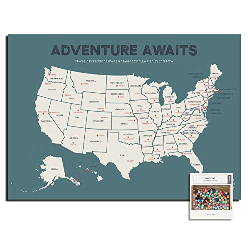 Epic Adventure Maps The United States Push Pin Map 24" x 17" - Unframed Travel Map to Mark Your Travels Around The USA - Multicolored Pushpins Included