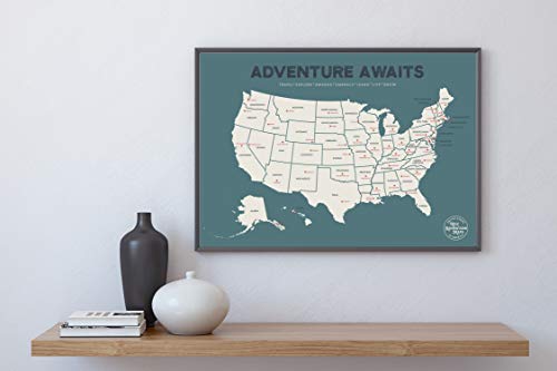 Epic Adventure Maps The United States Push Pin Map 24" x 17" - Unframed Travel Map to Mark Your Travels Around The USA - Multicolored Pushpins Included