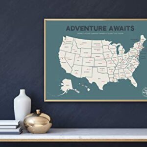 Epic Adventure Maps The United States Push Pin Map 24" x 17" - Unframed Travel Map to Mark Your Travels Around The USA - Multicolored Pushpins Included