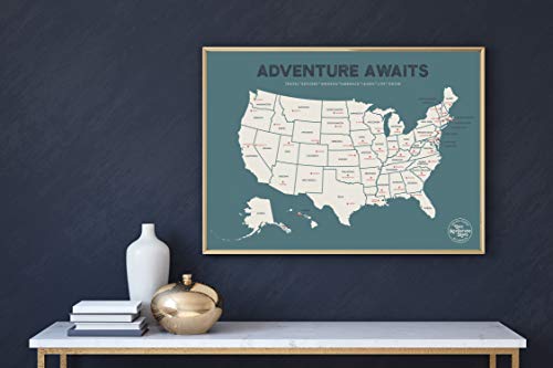 Epic Adventure Maps The United States Push Pin Map 24" x 17" - Unframed Travel Map to Mark Your Travels Around The USA - Multicolored Pushpins Included