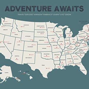 Epic Adventure Maps The United States Push Pin Map 24" x 17" - Unframed Travel Map to Mark Your Travels Around The USA - Multicolored Pushpins Included