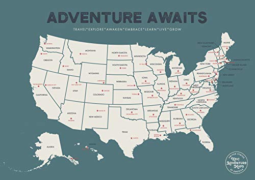 Epic Adventure Maps The United States Push Pin Map 24" x 17" - Unframed Travel Map to Mark Your Travels Around The USA - Multicolored Pushpins Included