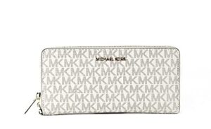 michael kors jet set travel continental zip around leather wallet wristlet (vanilla/dark acorn)