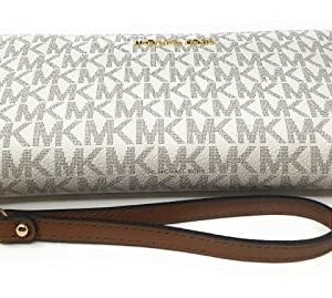 Michael Kors Jet Set Travel Continental Zip Around Leather Wallet Wristlet (Vanilla/Dark Acorn)