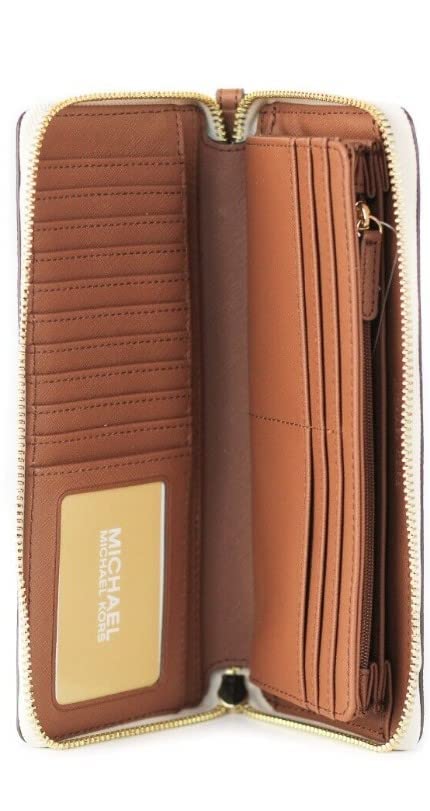 Michael Kors Jet Set Travel Continental Zip Around Leather Wallet Wristlet (Vanilla/Dark Acorn)