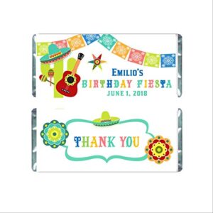 fiesta personalized candy bar wrappers for chocolate, birthday party favors, hershey bar labels, pack of 20