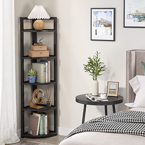 Tribesigns 5 Tier Corner Shelf, Corner Bookshelf Small Bookcase Storage Rack Plant Stand for Living Room, Home Office, Kitchen, Small Space (Black)