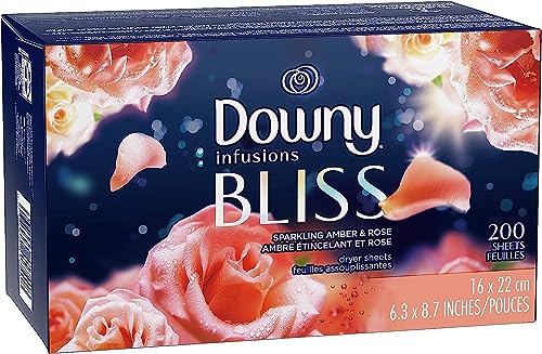 Downy Infusions Dryer Sheets, Laundry Fabric Softener, Bliss, Sparkling Amber & Rose, 200 count.