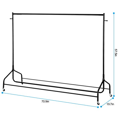 Metal Rolling Clothing Rack on Wheels, Heavy-Duty Garment Rack Free Standing Single Rail Clothing Rack with Top Rod Bag Hook & Bottom Shelf for Bedroom Dressing Room Store, Capacity 220lbs, Black