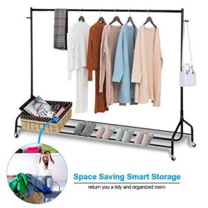 Metal Rolling Clothing Rack on Wheels, Heavy-Duty Garment Rack Free Standing Single Rail Clothing Rack with Top Rod Bag Hook & Bottom Shelf for Bedroom Dressing Room Store, Capacity 220lbs, Black