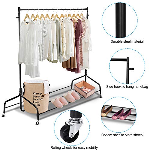 Metal Rolling Clothing Rack on Wheels, Heavy-Duty Garment Rack Free Standing Single Rail Clothing Rack with Top Rod Bag Hook & Bottom Shelf for Bedroom Dressing Room Store, Capacity 220lbs, Black