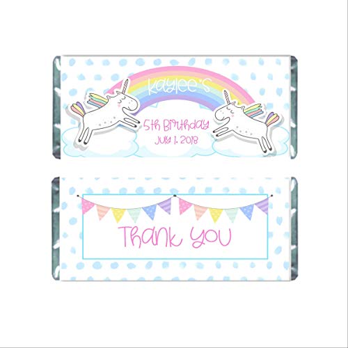 Pastel Rainbow Unicorn Birthday Personalized Candy Bar Wrappers for Chocolate Party Favor, Hershey Bar Labels, Pack of 20