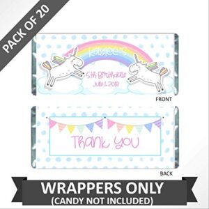 Pastel Rainbow Unicorn Birthday Personalized Candy Bar Wrappers for Chocolate Party Favor, Hershey Bar Labels, Pack of 20