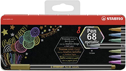 STABILO Premium Metallic Fiber-Tip Pen Pen 68 metallic - Tin of 8 - Assorted Colors with Hanging Loop