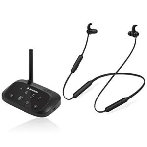 avantree ht5006 wireless earbuds for tv listening, passthrough support, 20hrs neckband headphones with bluetooth transmitter for optical digital, rca, 3.5mm aux tvs, plug n play, no audio delay