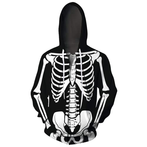 uideazone Men's Halloween Costume Skeleton Skull 3D Graphic Printing Zip up Hooded Sweatshirt Jacket Coat for Winter Casual Party