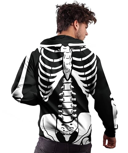 uideazone Men's Halloween Costume Skeleton Skull 3D Graphic Printing Zip up Hooded Sweatshirt Jacket Coat for Winter Casual Party