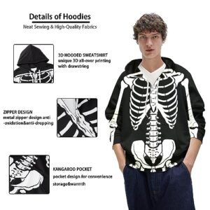 uideazone Men's Halloween Costume Skeleton Skull 3D Graphic Printing Zip up Hooded Sweatshirt Jacket Coat for Winter Casual Party