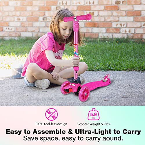 BELEEV Scooters for Kids 3 Wheel Kick Scooter for Toddlers Girls Boys, 4 Adjustable Height, Lean to Steer, Light up Wheels, Extra-Wide Deck, Easy to Assemble for Children Ages 3-12 (Rose Pink)