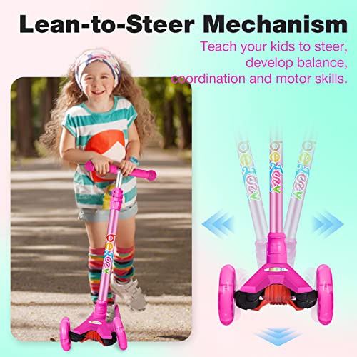 BELEEV Scooters for Kids 3 Wheel Kick Scooter for Toddlers Girls Boys, 4 Adjustable Height, Lean to Steer, Light up Wheels, Extra-Wide Deck, Easy to Assemble for Children Ages 3-12 (Rose Pink)