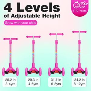 BELEEV Scooters for Kids 3 Wheel Kick Scooter for Toddlers Girls Boys, 4 Adjustable Height, Lean to Steer, Light up Wheels, Extra-Wide Deck, Easy to Assemble for Children Ages 3-12 (Rose Pink)