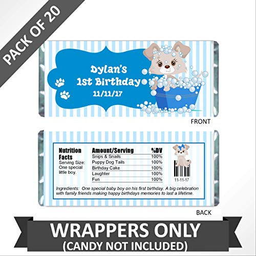 Puppy Dog Party Personalized Candy Bar Wrappers for Chocolate, Kids Birthday Favor, Pack of 20