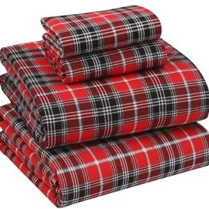 RUVANTI Flannel Sheets Queen Size - 100% Cotton Brushed Flannel Bed Sheet Sets - Deep Pockets 16 Inches (fits up to 18") - All Seasons Breathable & Super Soft - Warm & Cozy - 4 Pcs - Red Plaid