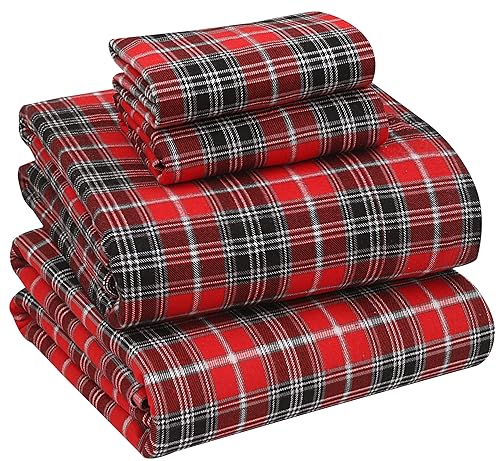 RUVANTI Flannel Sheets Queen Size - 100% Cotton Brushed Flannel Bed Sheet Sets - Deep Pockets 16 Inches (fits up to 18") - All Seasons Breathable & Super Soft - Warm & Cozy - 4 Pcs - Red Plaid