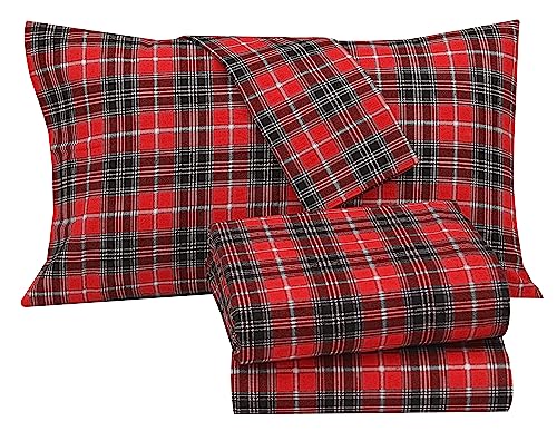 RUVANTI Flannel Sheets Queen Size - 100% Cotton Brushed Flannel Bed Sheet Sets - Deep Pockets 16 Inches (fits up to 18") - All Seasons Breathable & Super Soft - Warm & Cozy - 4 Pcs - Red Plaid