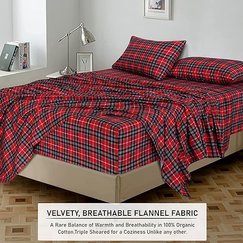 RUVANTI Flannel Sheets Queen Size - 100% Cotton Brushed Flannel Bed Sheet Sets - Deep Pockets 16 Inches (fits up to 18") - All Seasons Breathable & Super Soft - Warm & Cozy - 4 Pcs - Red Plaid